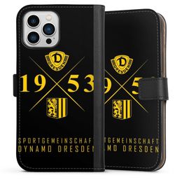 DeinDesign iPhone 13 Pro Max Handy Klapph&uuml;lle Handyh&uuml;lle aus Kunst Leder schwarz Flip Case Official Licensed Product Sgd Sg Dynamo Dresden Sideflip mit langer 