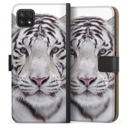 DeinDesign Galaxy A22 5G Handy Klapph&uuml;lle Handyh&uuml;lle aus Kunst Leder schwarz Flip Case Tiger Snow Winter Sideflip mit langer Lasche
