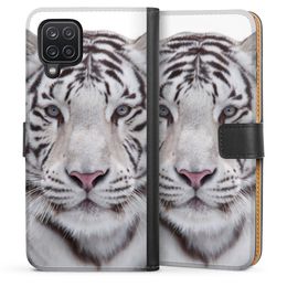 DeinDesign Galaxy A12 Handy Klapph&uuml;lle Handyh&uuml;lle aus Kunst Leder schwarz Flip Case Tiger Snow Winter Sideflip mit langer Lasche