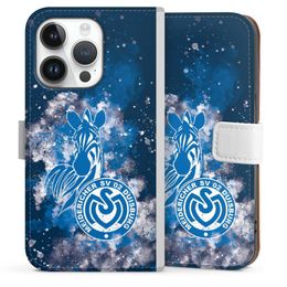 DeinDesign iPhone 14 Pro Handy Klapph&uuml;lle Handyh&uuml;lle aus Kunst Leder wei&szlig; Flip Case Msv Duisburg Official Licensed Product Water Colour Sideflip mit Lasche