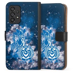 DeinDesign Galaxy A53 5G Handy Klapph&uuml;lle Handyh&uuml;lle aus Kunst Leder schwarz Flip Case Msv Duisburg Official Licensed Product Water Colour Sideflip mit langer 