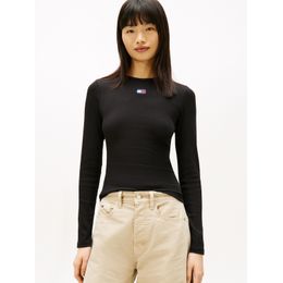 Tommy Jeans Damen Langarmshirt "TJW SLIM LS BADGE TEE EXT", schwarz, Gr. XS, unifarben, Single Jersey, Obermaterial: 95% Baumwolle, 5% Elasthan,
