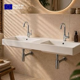 CARLDIX x LAUFEN Doppelwaschtisch 120 cm A91003012001 mit Ablage, Wei&szlig;, 1200 x 460 mm, mit 2 Hahnl&ouml;chern und &Uuml;berl&auml;ufen