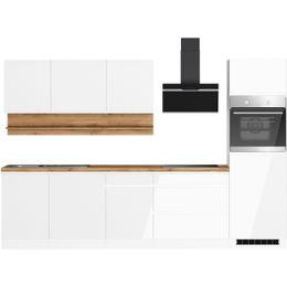 K&uuml;chenzeile KOCHSTATION, B:300cm H:200cm T:60cmk&uuml;che: wei&szlig;, front: hochglanz wei&szlig;, korpus: wei&szlig;, arbeitsplatte: wotaneiche, Komplettk&uuml;chen-Sets,