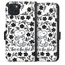 DeinDesign iPhone 15 Plus Handy Klapph&uuml;lle Handyh&uuml;lle aus Kunst Leder schwarz Flip Case Peanuts Flowers Snoopy Sideflip mit Lasche