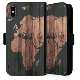 DeinDesign iPhone X Handy Klapph&uuml;lle Handyh&uuml;lle aus Kunst Leder schwarz Flip Case Wooden Look Map World Map Sideflip mit langer Lasche