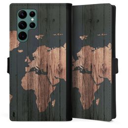DeinDesign Galaxy S22 Ultra Handy Klapph&uuml;lle Handyh&uuml;lle aus Kunst Leder schwarz Flip Case Wooden Look Map World Map Sideflip mit langer Lasche