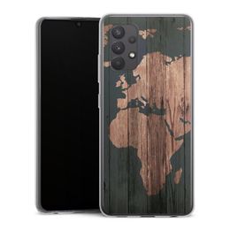 DeinDesign Galaxy A32 4G Handy Silikon H&uuml;lle Case transparent Handyh&uuml;lle Wooden Look Map World Map Silikon Case
