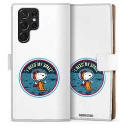 DeinDesign Galaxy S22 Ultra Handy Klapph&uuml;lle Handyh&uuml;lle aus Kunst Leder wei&szlig; Flip Case Peanuts Weltall Snoopy Sideflip mit Lasche