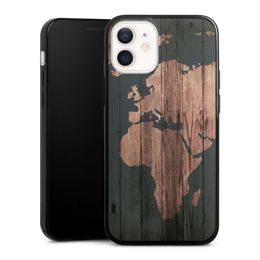 DeinDesign iPhone 12 mini Handy Slim Case extra d&uuml;nn Silikon Handyh&uuml;lle schwarz H&uuml;lle Wooden Look Map World Map Silikon Slim Case