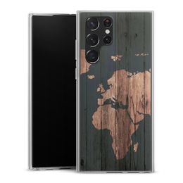 DeinDesign Galaxy S22 Ultra Handy Silikon H&uuml;lle Case transparent Handyh&uuml;lle Wooden Look Map World Map Silikon Case