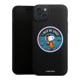DeinDesign iPhone 15 Plus Handy Premium Silikon H&uuml;lle Handyh&uuml;lle schwarz Case Peanuts Weltall Snoopy Silikon Premium Case