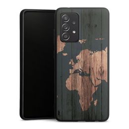 DeinDesign Galaxy A52s 5G Handy Premium Silikon H&uuml;lle Handyh&uuml;lle schwarz Case Wooden Look Map World Map Silikon Premium Case