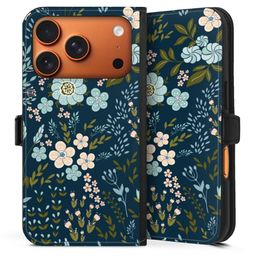 DeinDesign iPhone 17 Pro Handy Klapph&uuml;lle Handyh&uuml;lle aus Kunst Leder schwarz Flip Case Blue Muster Flowers Sideflip mit Lasche