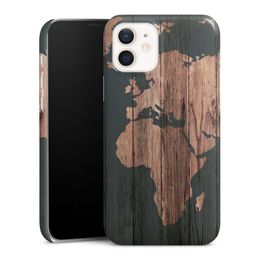 DeinDesign iPhone 12 Handy Premium Case Smartphone Handyh&uuml;lle Schutzh&uuml;lle gl&auml;nzend Wooden Look Map World Map Premium Case