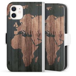 DeinDesign iPhone 12 mini Handy Klapph&uuml;lle Handyh&uuml;lle aus Kunst Leder wei&szlig; Flip Case Wooden Look Map World Map Sideflip mit Lasche