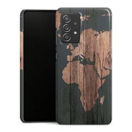 DeinDesign Galaxy A52s 5G Handy Premium Case Smartphone Handyh&uuml;lle Schutzh&uuml;lle gl&auml;nzend Wooden Look Map World Map Premium Case