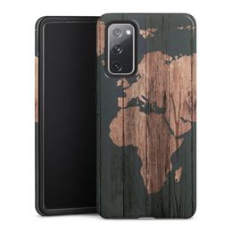DeinDesign Galaxy S20 FE 5G Handy Panzer Handyh&uuml;lle robuste Outdoor H&uuml;lle Schutzh&uuml;lle gl&auml;nzend Wooden Look Map World Map Tough Case