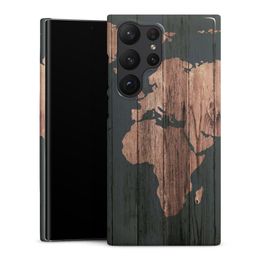 DeinDesign Galaxy S23 Ultra Handy Premium Case Smartphone Handyh&uuml;lle Schutzh&uuml;lle gl&auml;nzend Wooden Look Map World Map Premium Case
