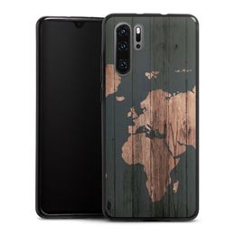DeinDesign Huawei P30 Pro Handy Silikon H&uuml;lle Case schwarz Handyh&uuml;lle Wooden Look Map World Map