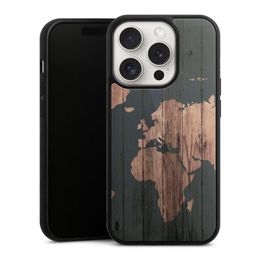 DeinDesign iPhone 15 Pro Handy Gallery Case Handyh&uuml;lle 9H Geh&auml;rtetes Glas R&uuml;ckseite H&uuml;lle Wooden Look Map World Map Gallery Case