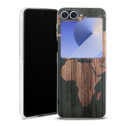 DeinDesign Galaxy Z Flip 6 Handy Hard Case Schutzh&uuml;lle transparent Smartphone Handy H&uuml;lle World Map Map Wooden Look Hard Case