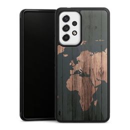 DeinDesign Galaxy A53 5G Handy Gallery Case Handyh&uuml;lle 9H Geh&auml;rtetes Glas R&uuml;ckseite H&uuml;lle World Map Map Wooden Look Gallery Case