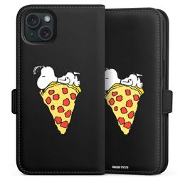 DeinDesign iPhone 15 Plus Handy Klapph&uuml;lle Handyh&uuml;lle aus Kunst Leder schwarz Flip Case Peanuts Pizza Snoopy Sideflip mit Lasche