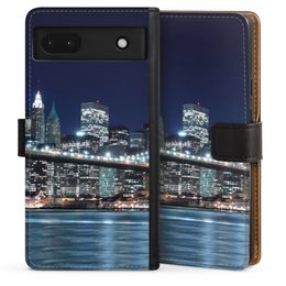 DeinDesign Google Pixel 6a Handy Klapph&uuml;lle Handyh&uuml;lle aus Kunst Leder schwarz Flip Case Usa Brooklyn Bridge New York Sideflip mit langer Lasche