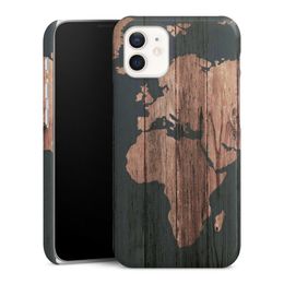 DeinDesign iPhone 12 mini Handy Premium Case Smartphone Handyh&uuml;lle Schutzh&uuml;lle gl&auml;nzend Wooden Look Map World Map Premium Case