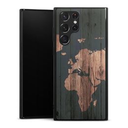 DeinDesign Galaxy S22 Ultra Handy Silikon H&uuml;lle Case schwarz Handyh&uuml;lle Wooden Look Map World Map