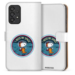 DeinDesign Galaxy A33 5G Handy Klapph&uuml;lle Handyh&uuml;lle aus Kunst Leder wei&szlig; Flip Case Peanuts Snoopy Weltall Sideflip mit Lasche