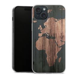 DeinDesign iPhone 15 Plus Handy Slim Case Silikon Handyh&uuml;lle transparent H&uuml;lle extra d&uuml;nn Wooden Look Map World Map Silikon Slim Case