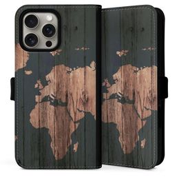 DeinDesign iPhone 16 Pro Handy Klapph&uuml;lle Handyh&uuml;lle aus Kunst Leder schwarz Flip Case Wooden Look Map World Map Sideflip mit Lasche