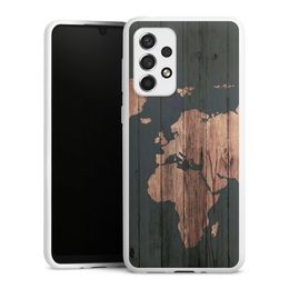 DeinDesign Galaxy A33 5G Handy Silikon H&uuml;lle Case wei&szlig; Handyh&uuml;lle World Map Map Wooden Look Silikon Case