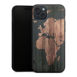 DeinDesign iPhone 15 Plus Handy Premium Silikon H&uuml;lle Handyh&uuml;lle schwarz Case Wooden Look Map World Map Silikon Premium Case