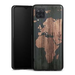 DeinDesign Galaxy A12 Handy Silikon H&uuml;lle Case schwarz Handyh&uuml;lle Wooden Look Map World Map