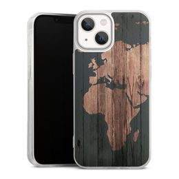 DeinDesign iPhone 13 Mini Handy Slim Case Silikon Handyh&uuml;lle transparent H&uuml;lle extra d&uuml;nn Wooden Look Map World Map Silikon Slim Case