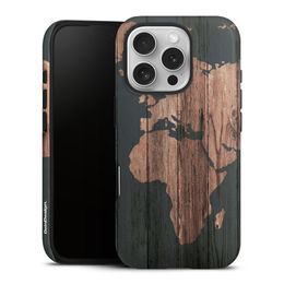 DeinDesign iPhone 16 Pro Handy Panzer Handyh&uuml;lle robuste Outdoor H&uuml;lle Schutzh&uuml;lle gl&auml;nzend Wooden Look Map World Map Tough Case