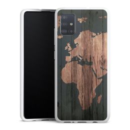DeinDesign Galaxy A51 Handy Silikon H&uuml;lle Case wei&szlig; Handyh&uuml;lle Wooden Look Map World Map Silikon Case