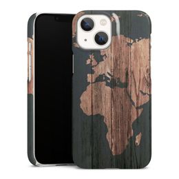DeinDesign iPhone 13 Mini Handy Premium Case Smartphone Handyh&uuml;lle Schutzh&uuml;lle gl&auml;nzend Wooden Look Map World Map Premium Case