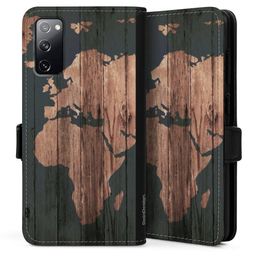 DeinDesign Galaxy S20 Handy Klapph&uuml;lle Handyh&uuml;lle aus Kunst Leder schwarz Flip Case Wooden Look Map World Map Sideflip mit Lasche