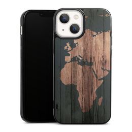 DeinDesign iPhone 13 Mini Handy Slim Case extra d&uuml;nn Silikon Handyh&uuml;lle schwarz H&uuml;lle Wooden Look Map World Map Silikon Slim Case