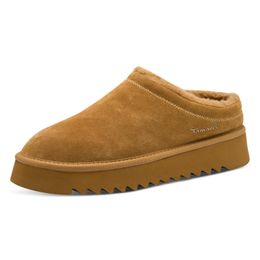 Tamaris Damen Hausschuh, Gr. 38camel, Veloursleder, unifarben, Schuhe, Clogs, Bequemschuh mit Fellimitat-Kragen
