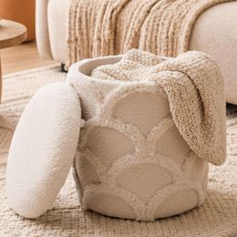 FineBuy Sitzhocker mit Stauraum Teddy Stoff 40cm Creme Stoffhocker Rund Polsterhocker