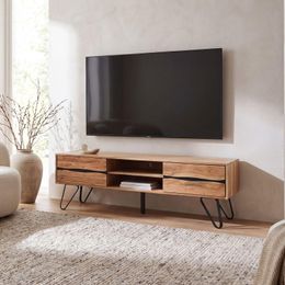FineBuy TV Board Lowboard Fernsehschrank Akazie Massivholz 160cm Fernsehtisch mit T&uuml;ren