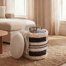 FineBuy Sitzhocker mit Stauraum Wolle 40cm Beige Stoffhocker Rund Polsterhocker Stoff