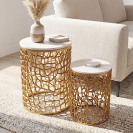 FineBuy 2er Set Couchtisch gold Marmor rund Wohnzimmertisch Beistelltisch Satztisch Alu