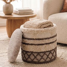 FineBuy Sitzhocker mit Stauraum Wolle 40cm Beige Stoffhocker Rund Polsterhocker Stoff