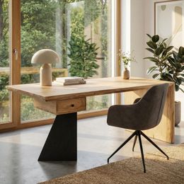 FineBuy Schreibtisch 180 cm Massivholz Schublade Industrial B&uuml;rotisch Natur Holztisch